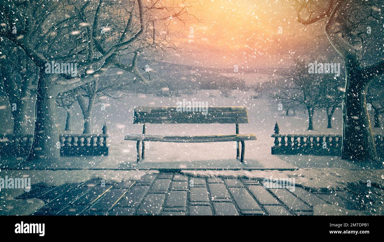 Idyllic winter scene with snowy bench in the park under the orange ...