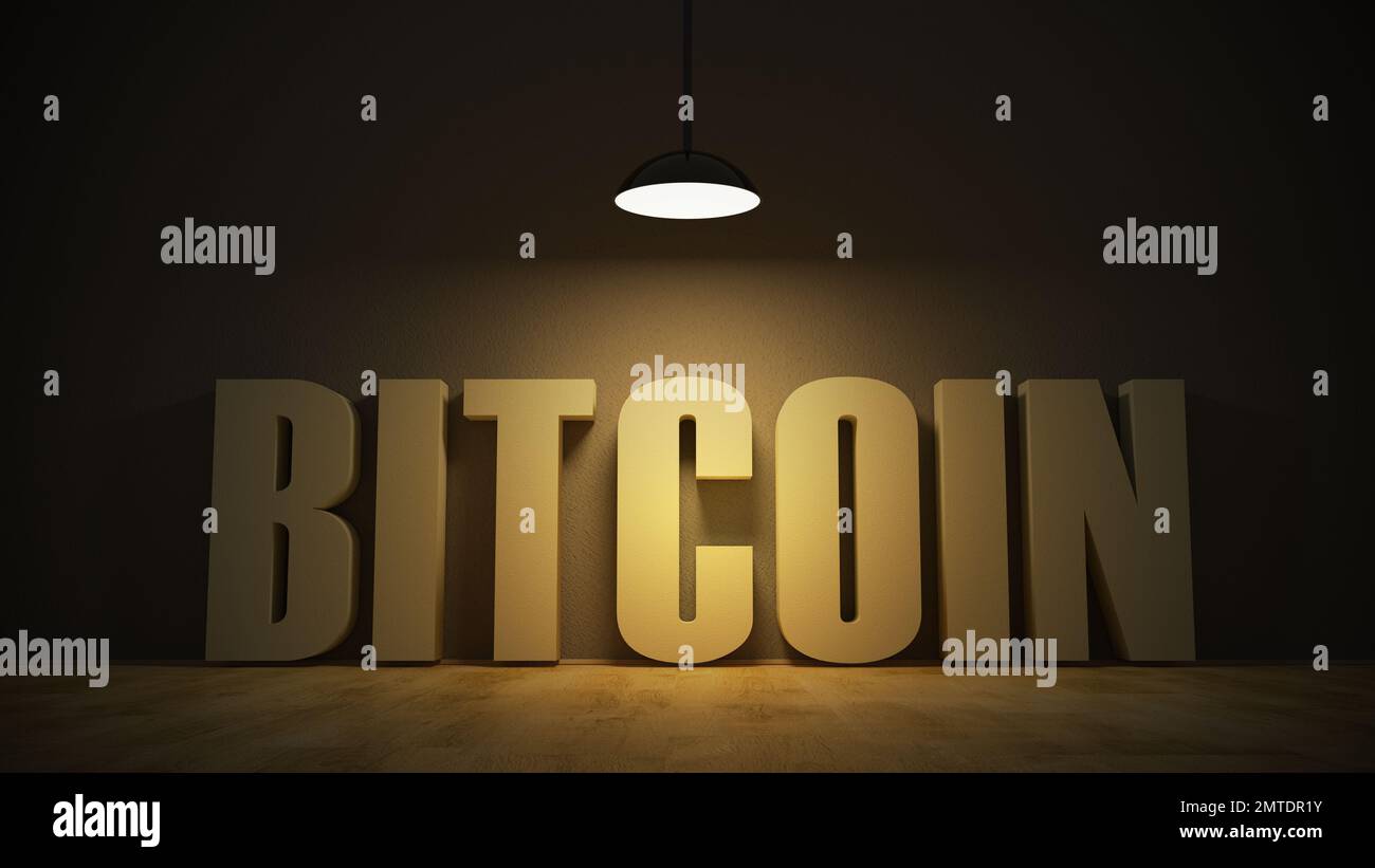 Bitcoin letters before the wall background in the lighted studio. 3D ...