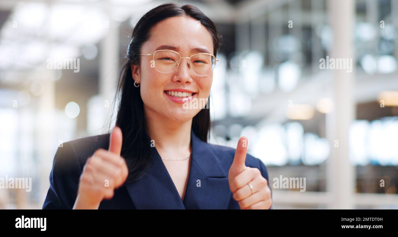 Thumbs up, walking and face of business woman with emoji gesture for congratulations, job well ...
