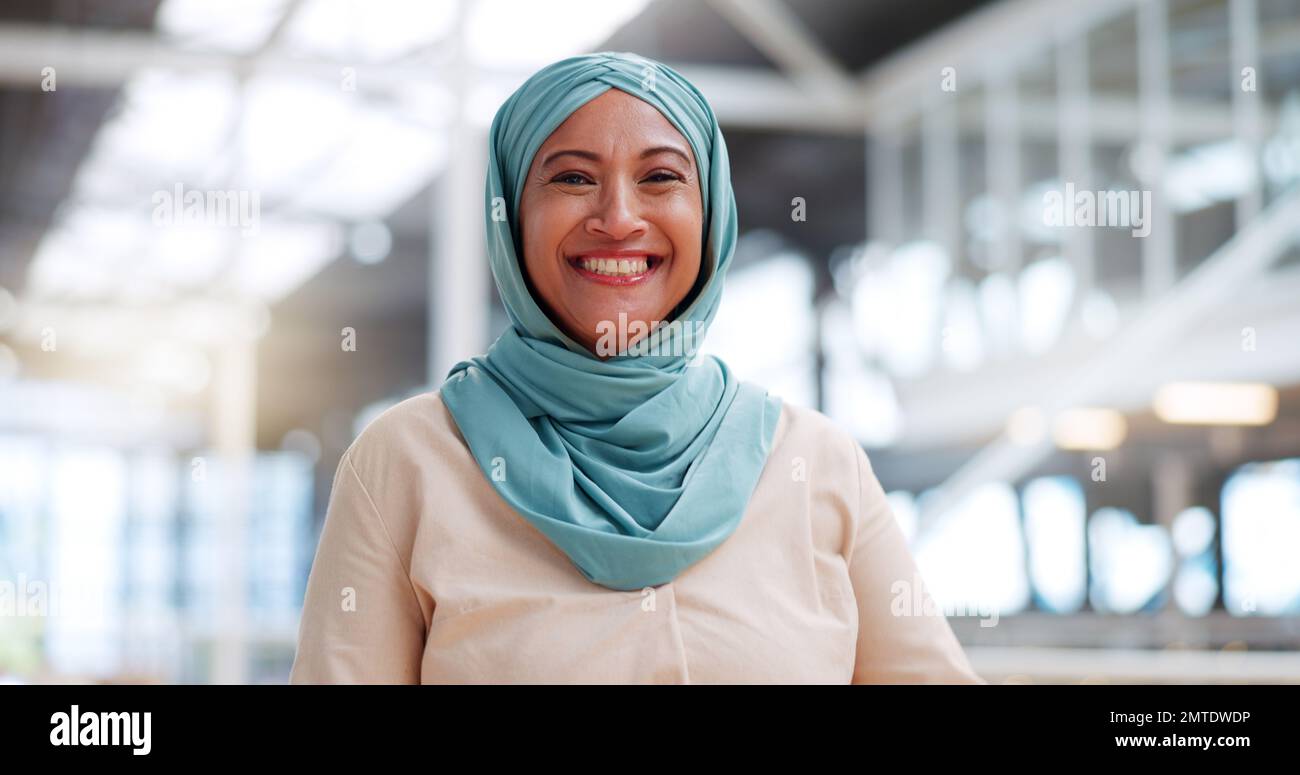 Muslim, business woman and success with face, executive and happy with ...
