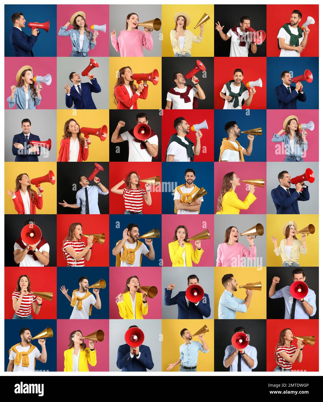Collage of people with megaphones on color backgrounds Stock Photo - Alamy