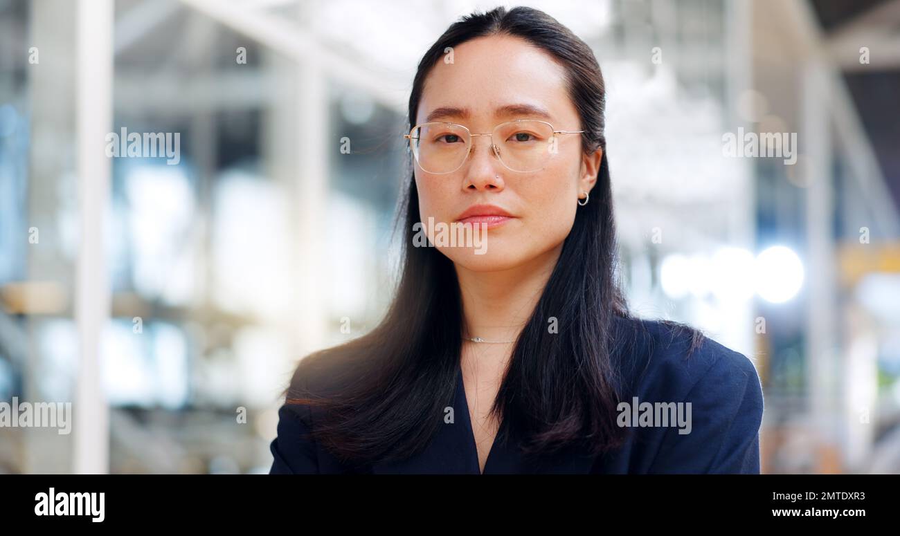 Business leadership, face and Asian woman in office ready for targets ...