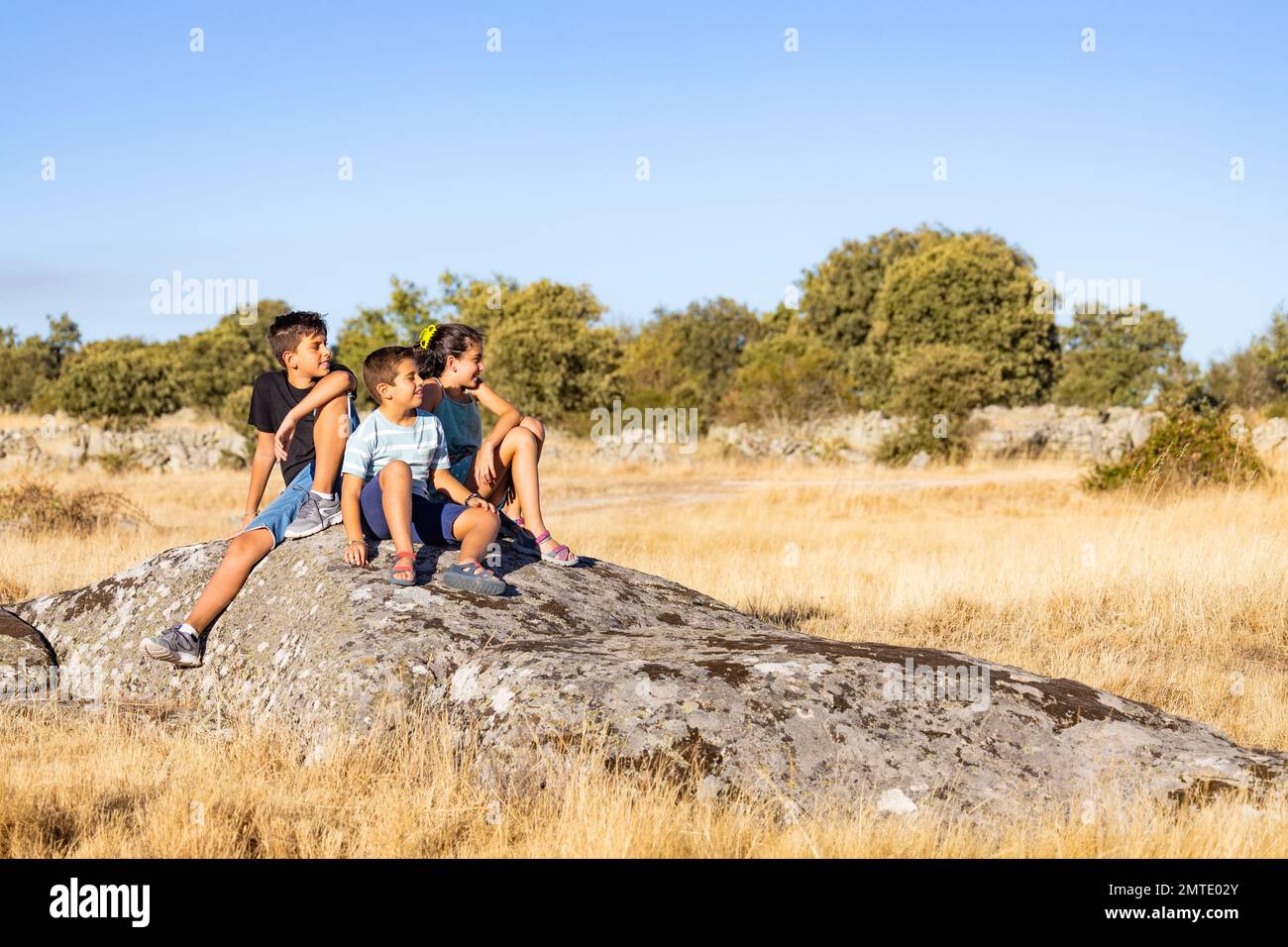 Three kids with on a top of a rock on their summer vacation Stock Photo ...