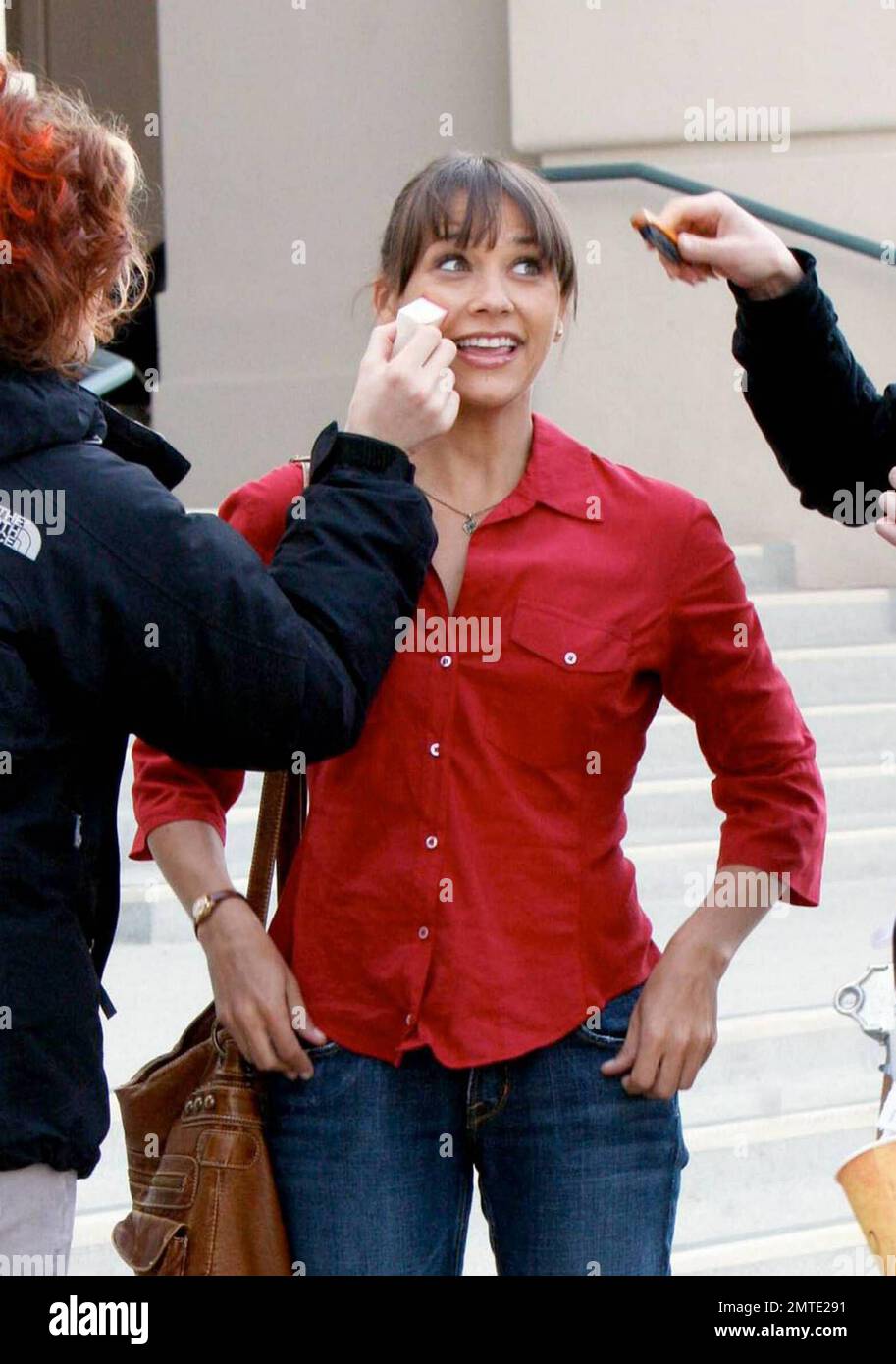 Exclusive!! Actress Rashida Jones gets a makeup touch-up on the set of ...