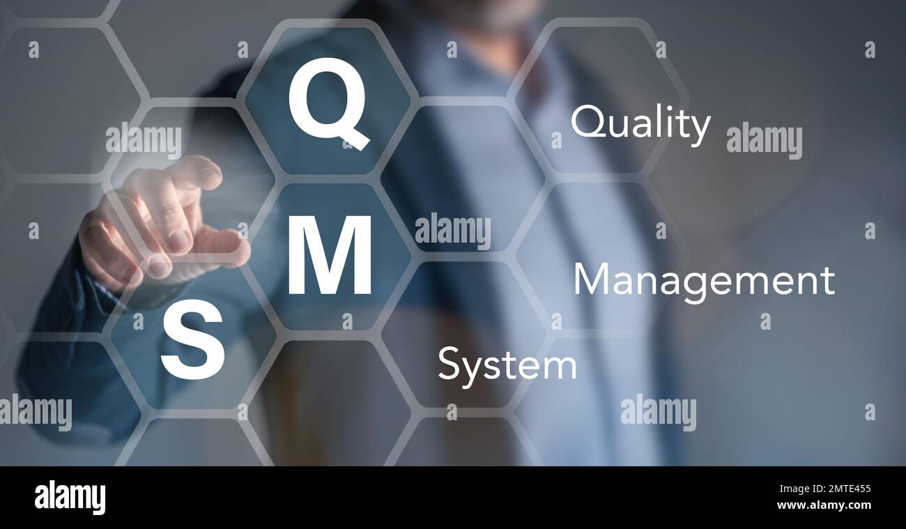 Quality management system concept. Businessman touching virtual ...