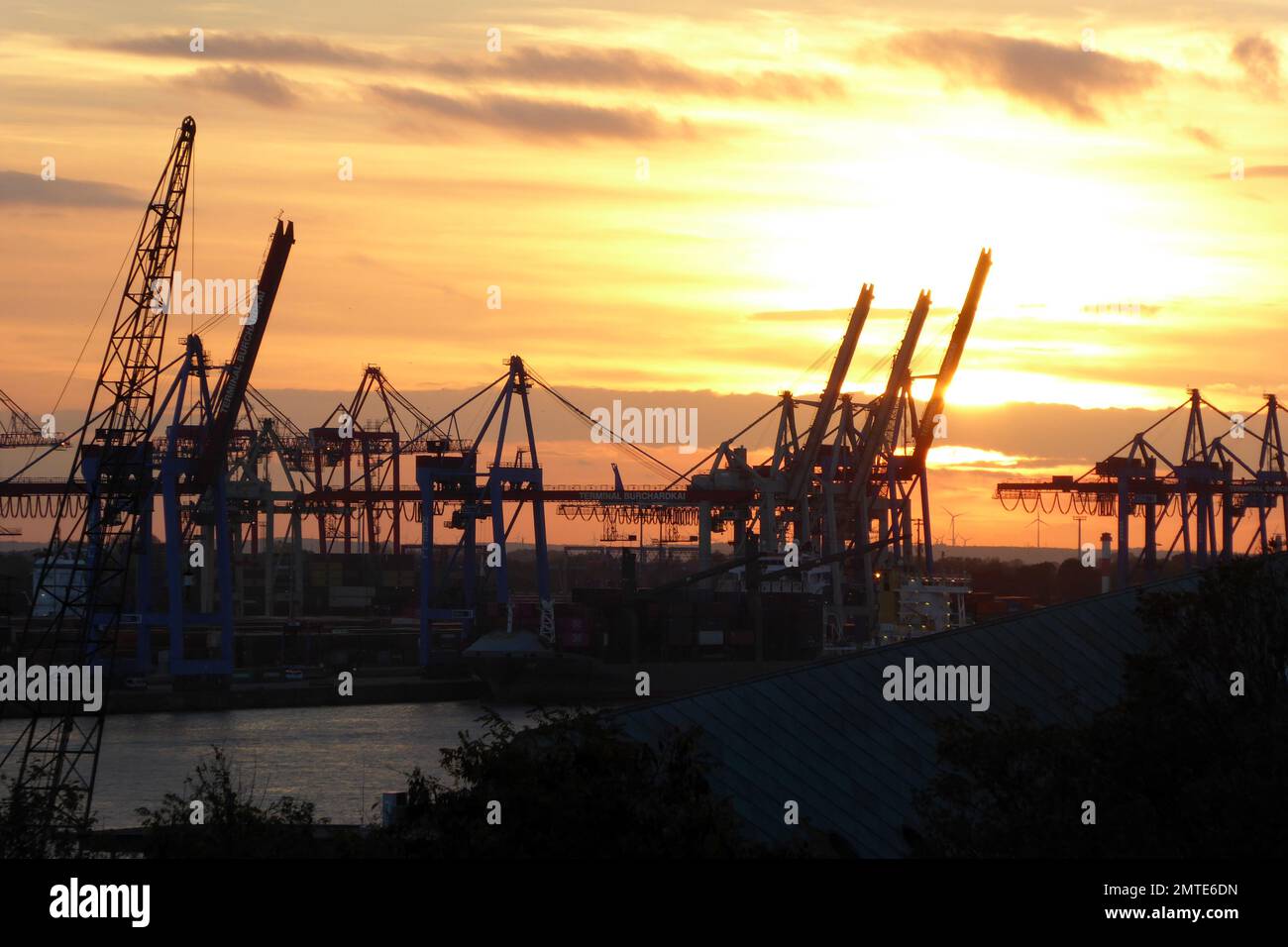 Burchardkai Container Terminal im Hafen Hamburg an der Elbe / Containerbrücke / Containerkran ...