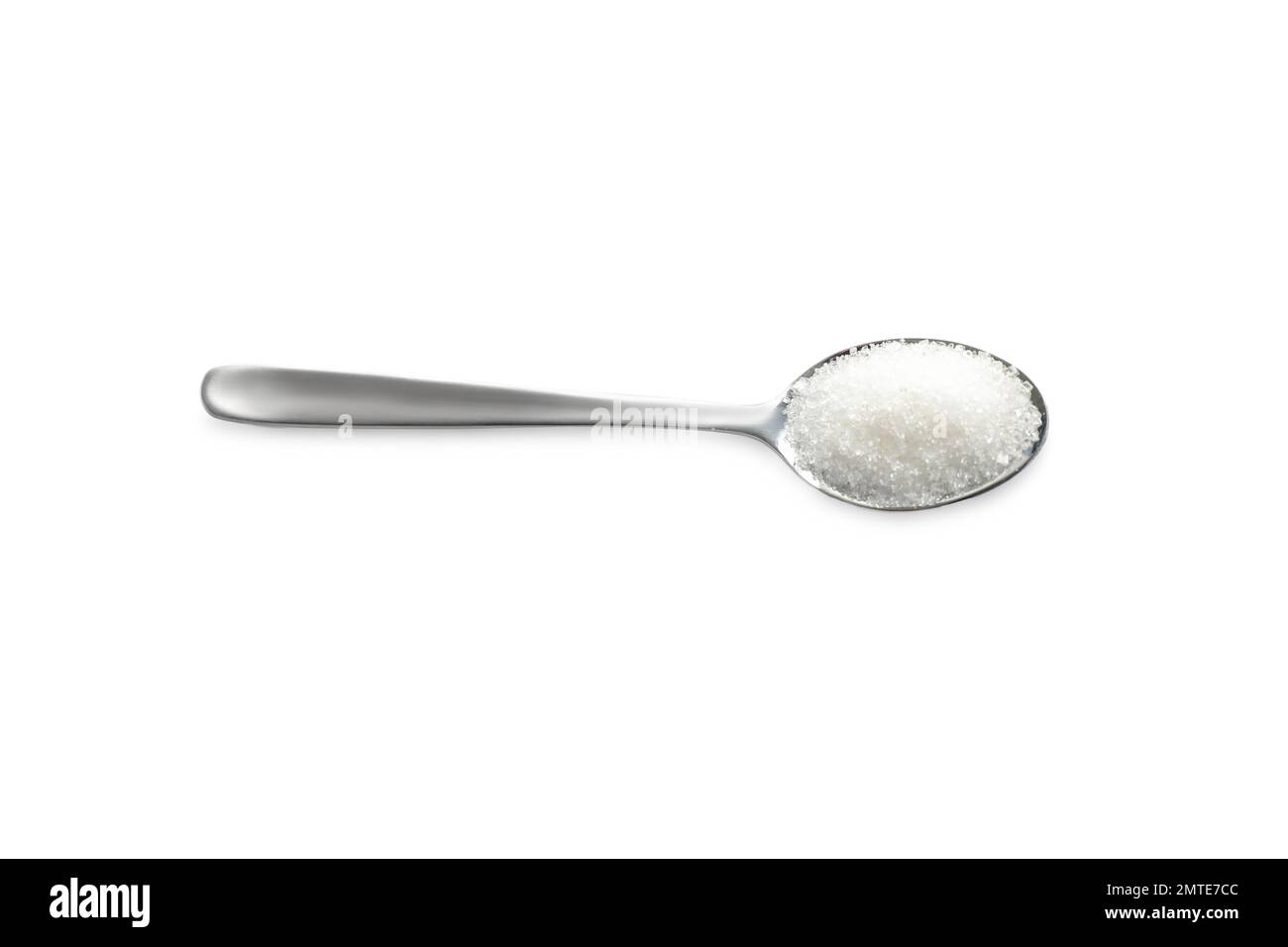 Granulated sugar in spoon isolated on white, top view Stock Photo - Alamy