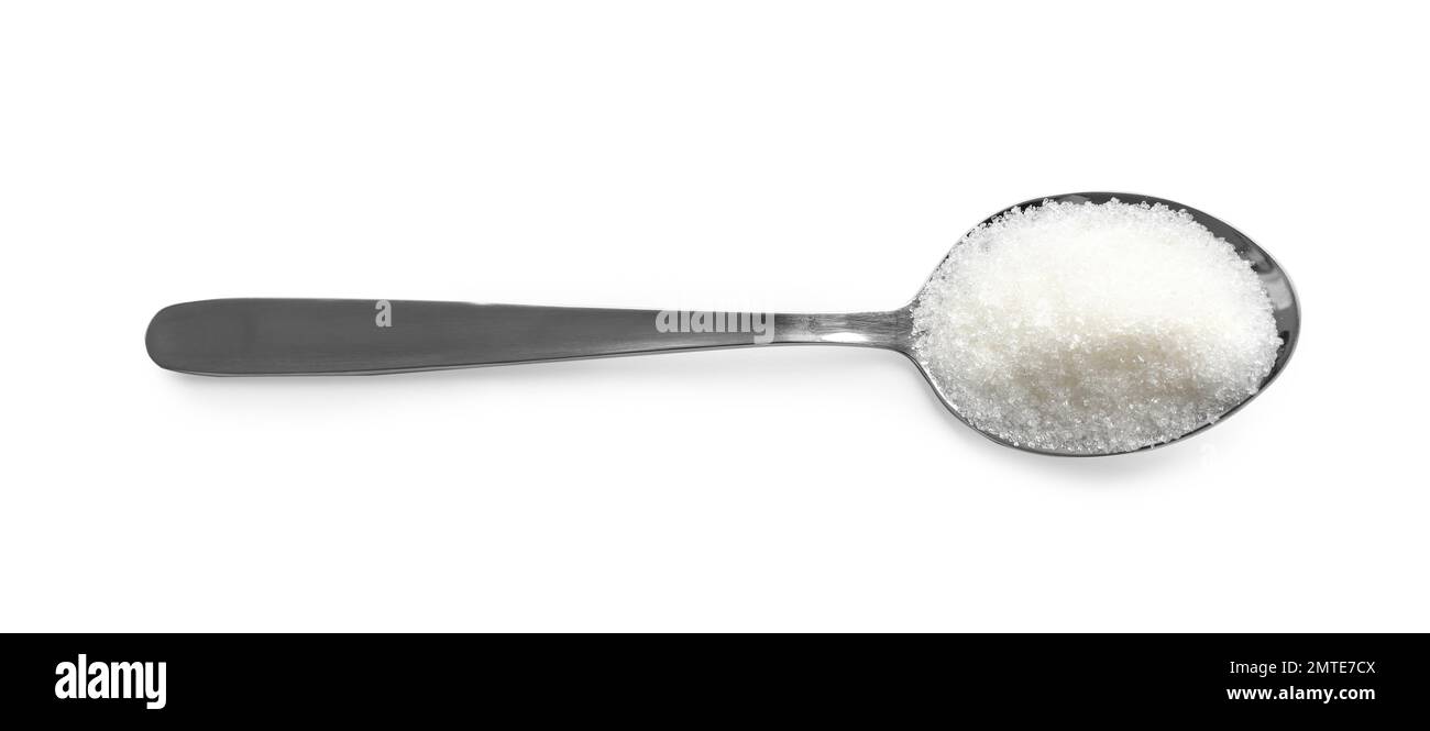 Granulated sugar in spoon isolated on white, top view Stock Photo - Alamy
