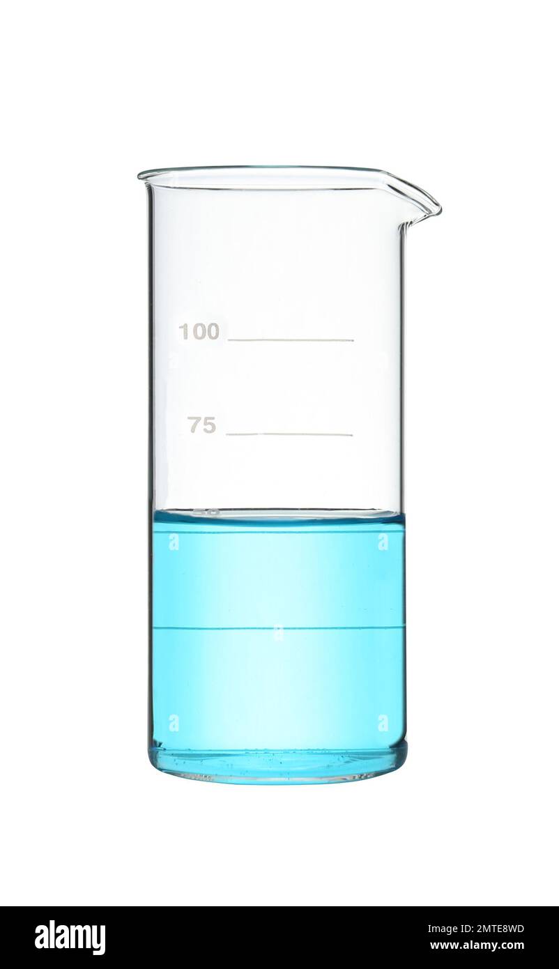 Beaker with light blue liquid isolated on white Stock Photo - Alamy