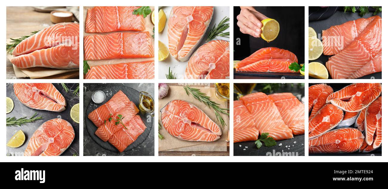Collage with fresh raw salmon. Delicious fish Stock Photo - Alamy