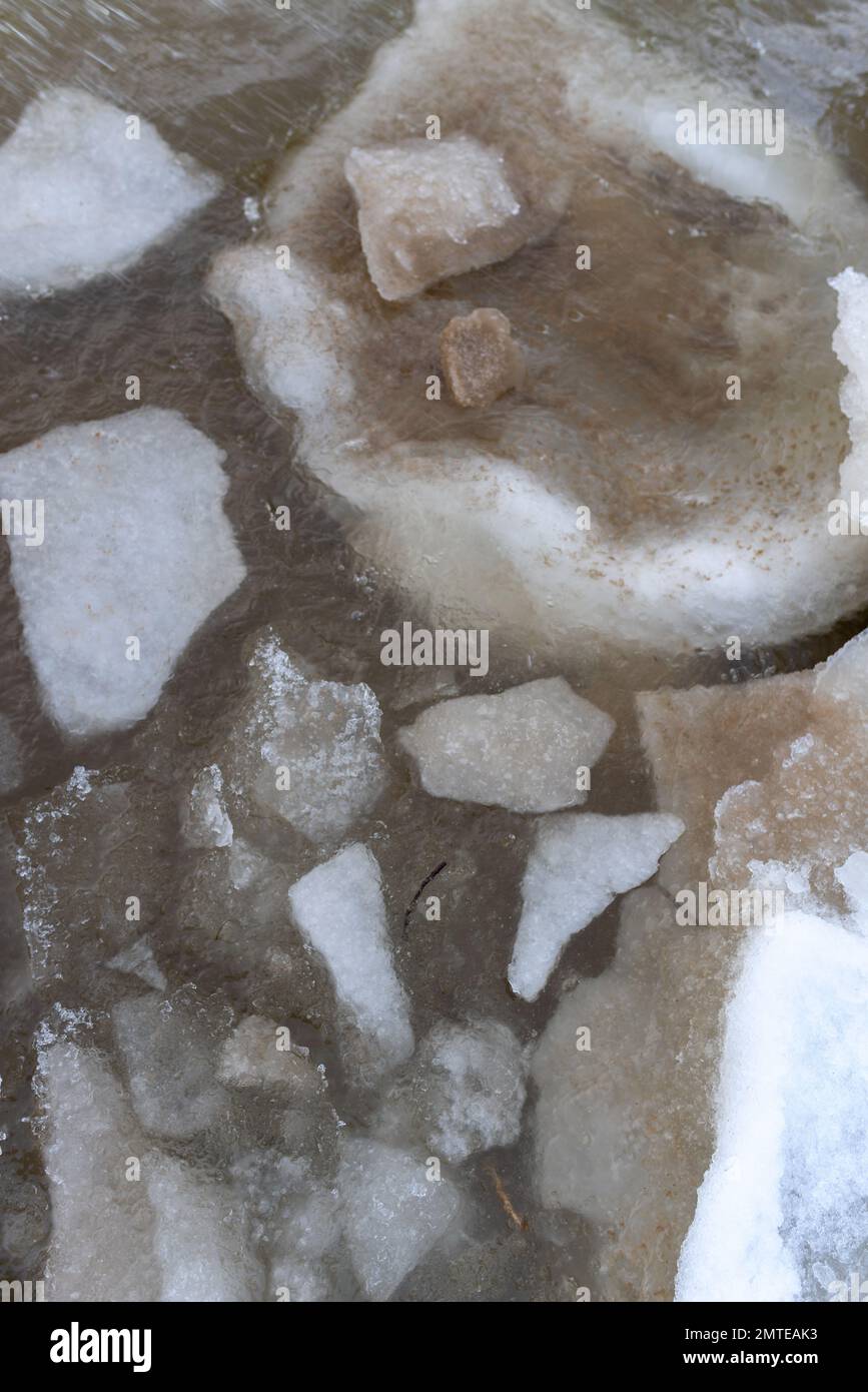 Photo texture of water, white snow and ice. The background is natural ...