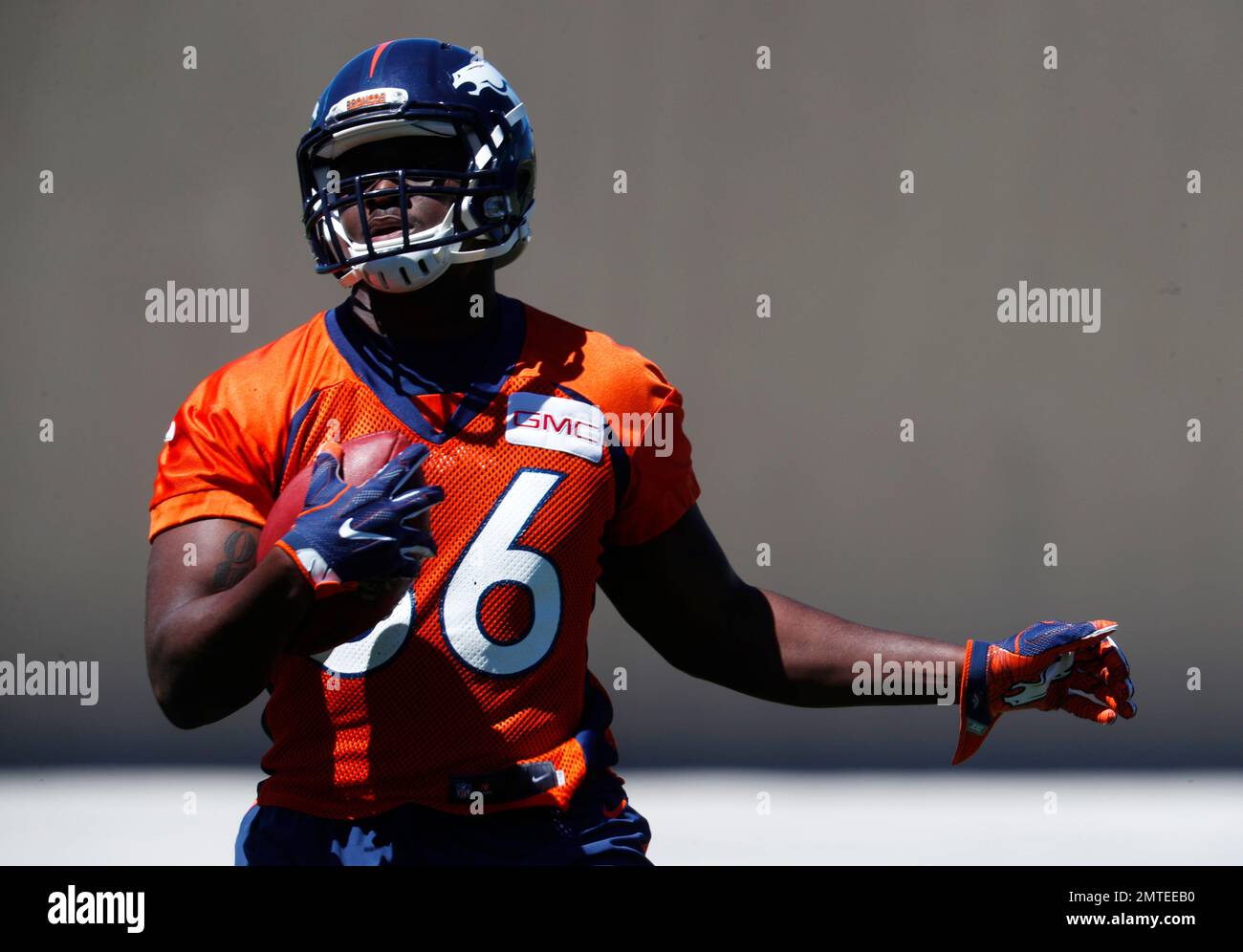 Denver Broncos tight end Austin Traylor catches a pass during a drill ...