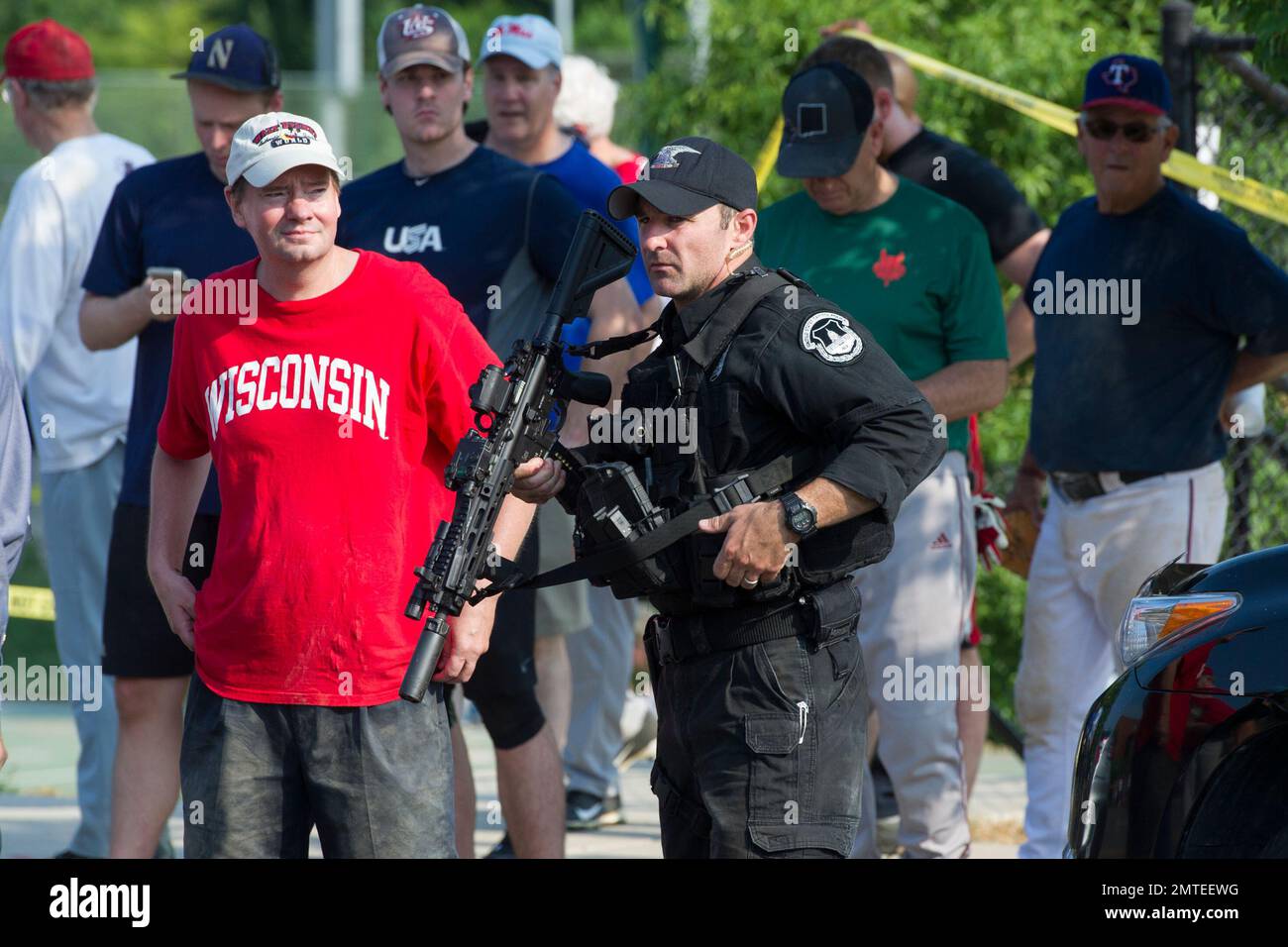 A Capitol Hill Police officer stands watch in Alexandria, Va ...