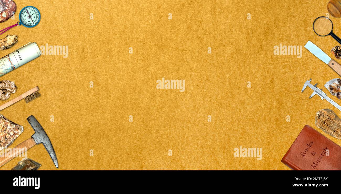 Topview of Set Fieldwork Geology Tools on Textured Yellow Background ...