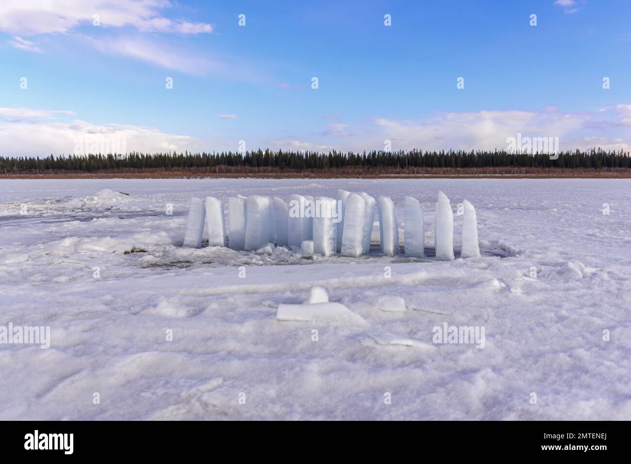 Sliced ice for defrosting and eating stands covered with snow on the ...