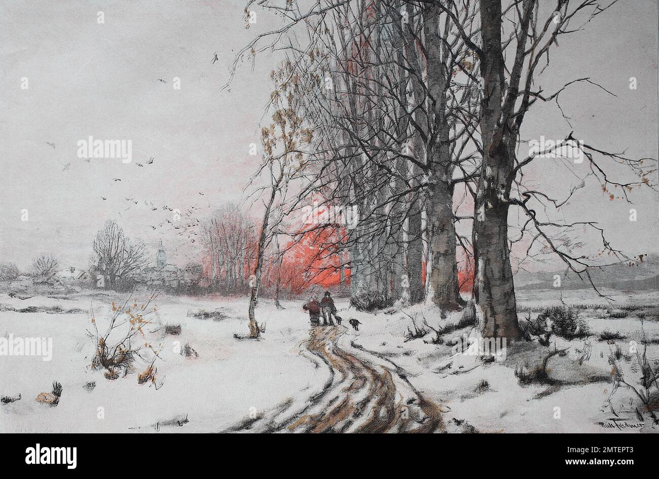 Sunset in a winter landscape in Prussia, illustration published in 1880 ...