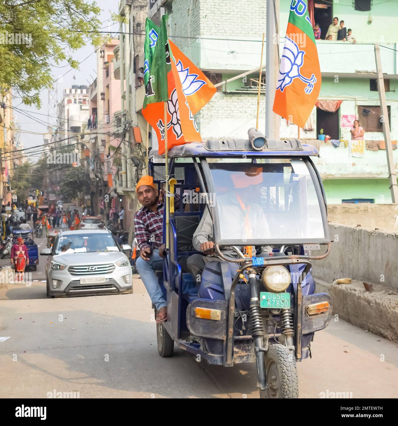 Delhi, India, December 02 2022 -Bharatiya Janata Party (BJP) supporter ...