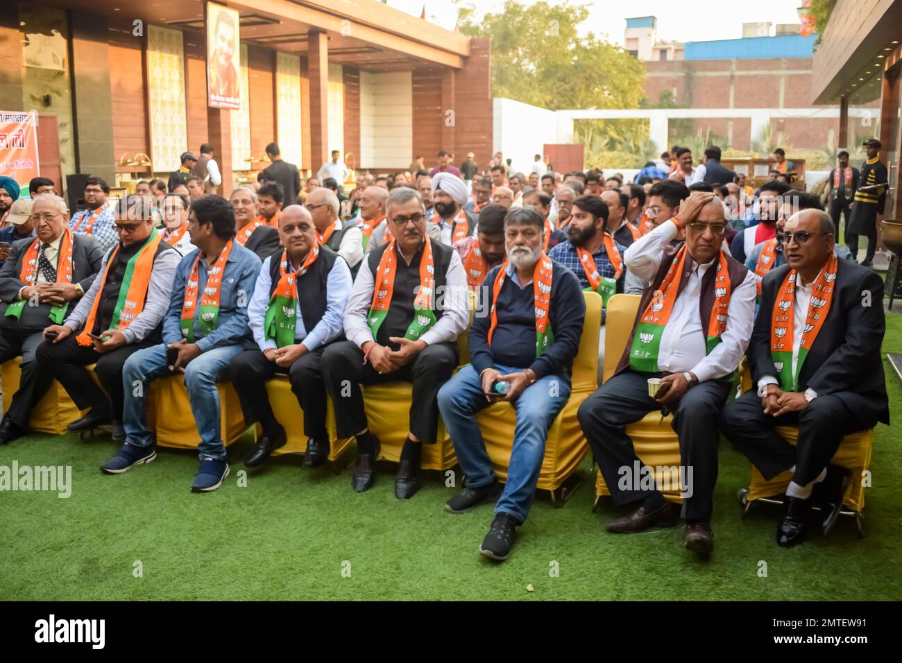 Delhi, India, December 02 2022 -Bharatiya Janata Party (BJP) supporter ...