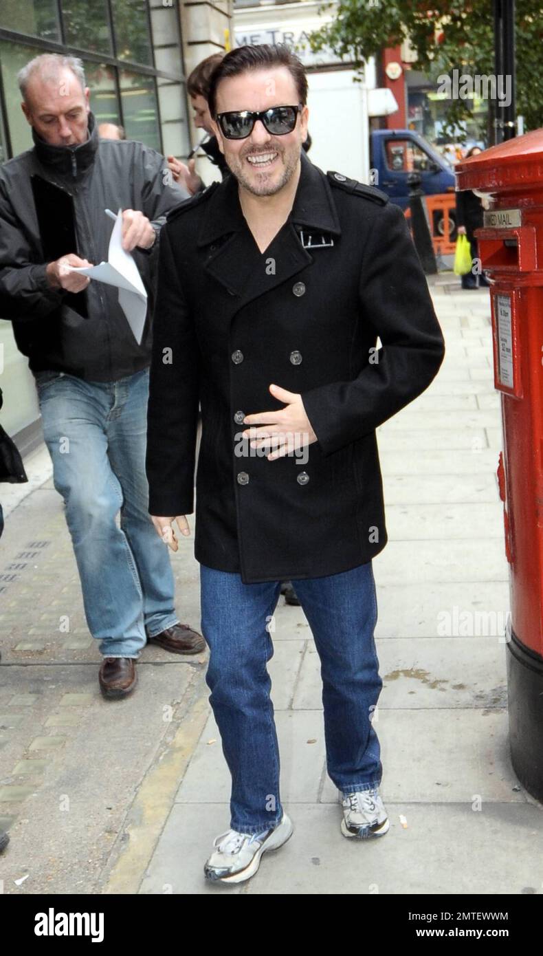 Comedian Ricky Gervais looks slim and trim as he arrives at BBC Radio 2 ...