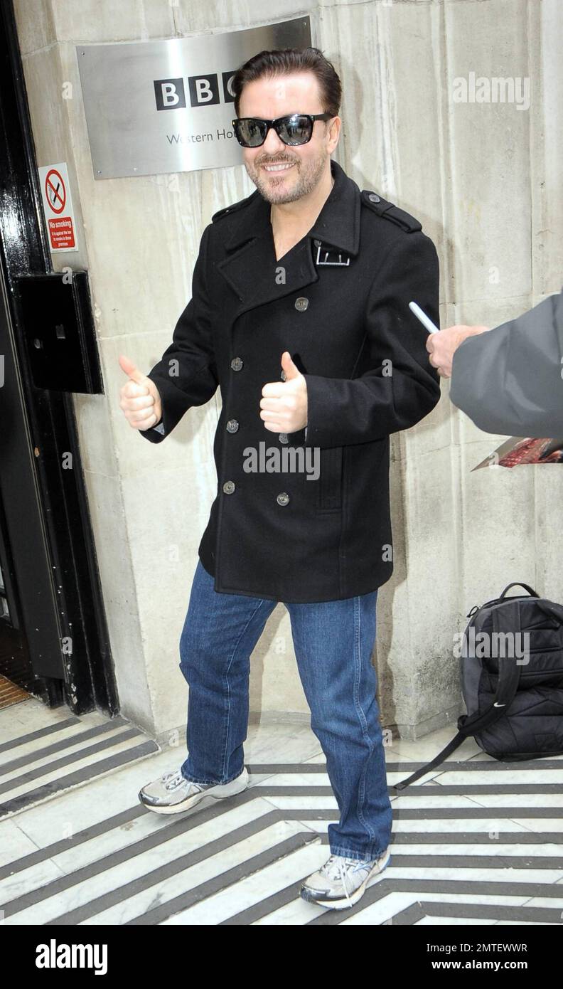 Comedian Ricky Gervais looks slim and trim as he arrives at BBC Radio 2 ...