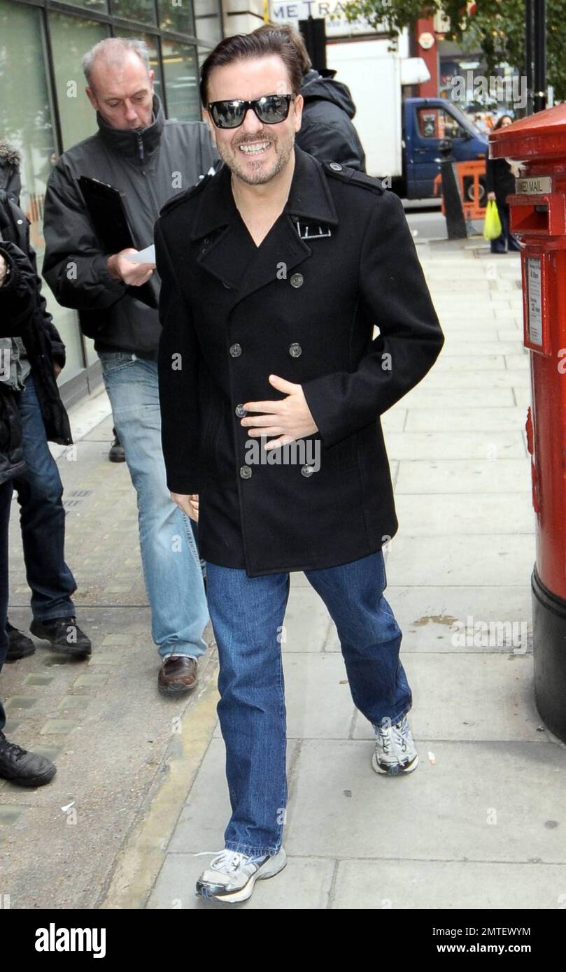 Comedian Ricky Gervais looks slim and trim as he arrives at BBC Radio 2 ...