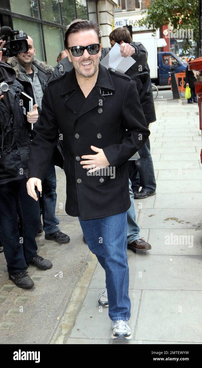 Comedian Ricky Gervais looks slim and trim as he arrives at BBC Radio 2 ...