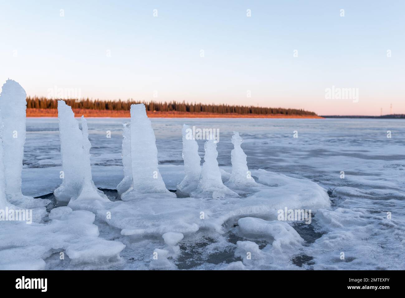 The remains of pillars of ice cut out for drinking water are melting ...