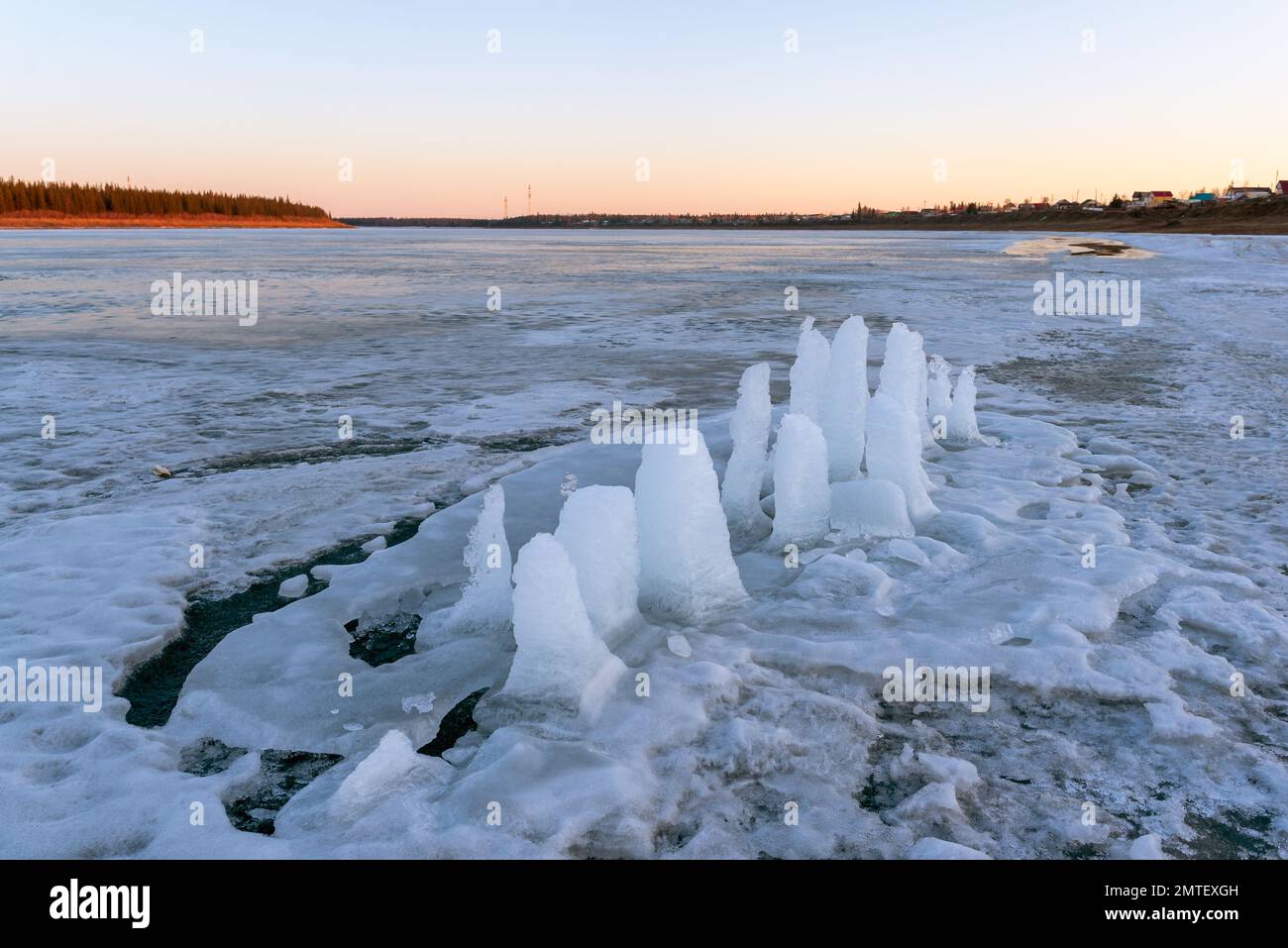 The remains of pillars of ice cut out for drinking water are melting ...