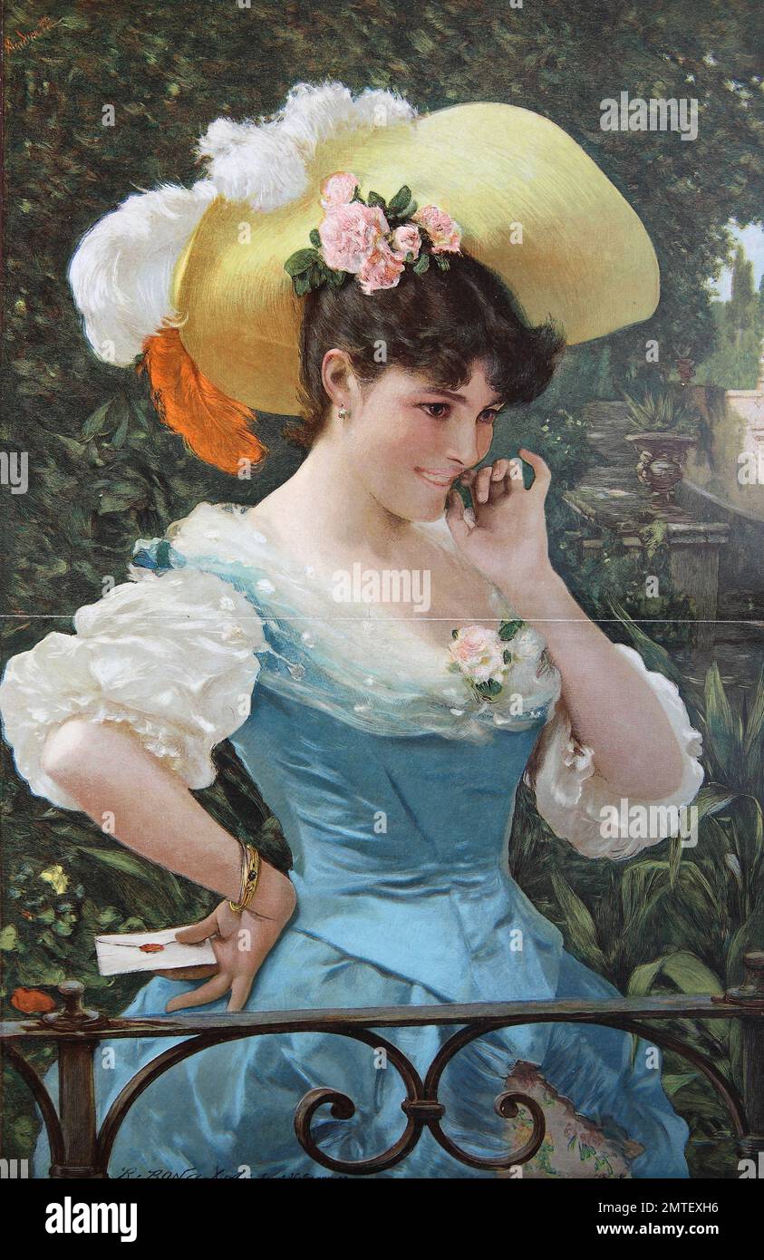 Posh young lady in the garden, holding a secret letter in her hand, by ...