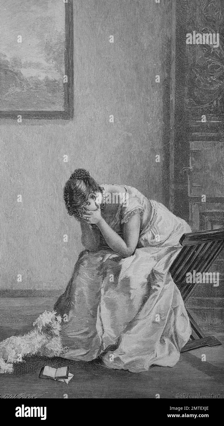 deep sorrow, great suffering, woman and her little dog at home, 1880 ...