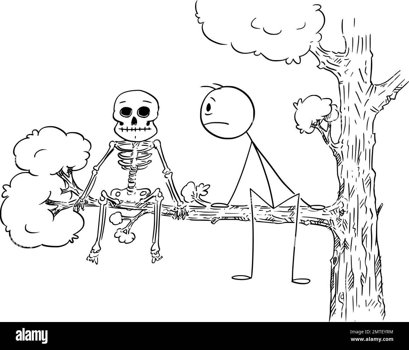 Person Sitting on Tree Watching Skeleton Beside , Vector Cartoon Stick ...
