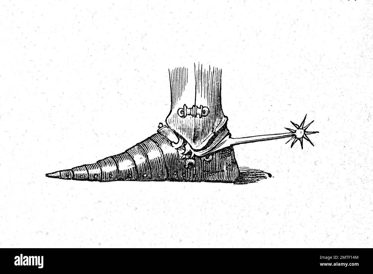 Shoes, fashion of the past. shoe of a burgundy knight, 1470, with spur ...