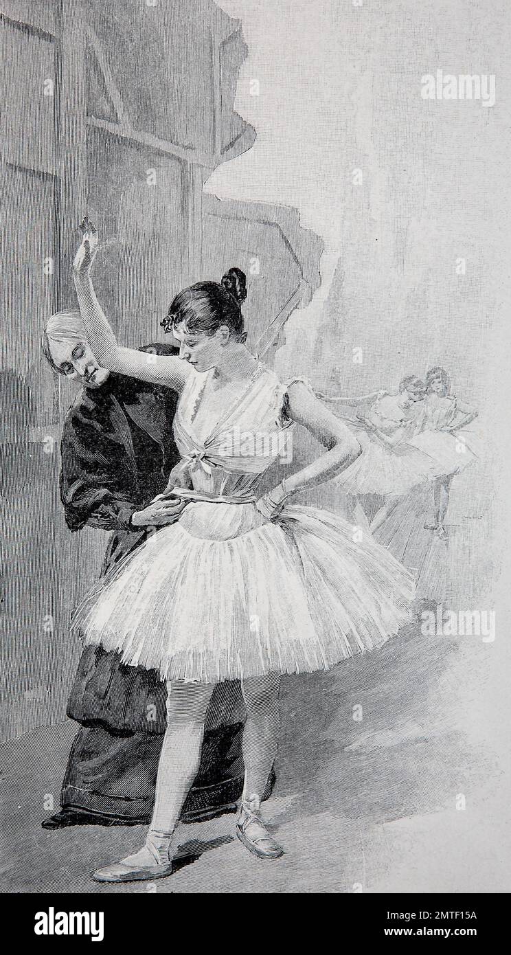 Dressing a ballet dancer girl, 1880, historic illustration, woodcut ...