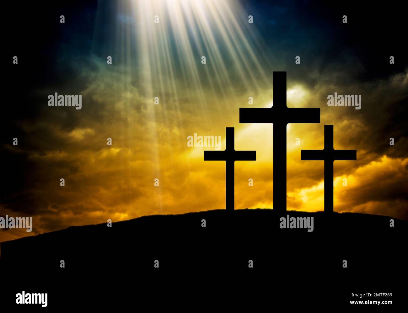 three crosses on a hill, crucifixion of Christ Easter concept Stock ...