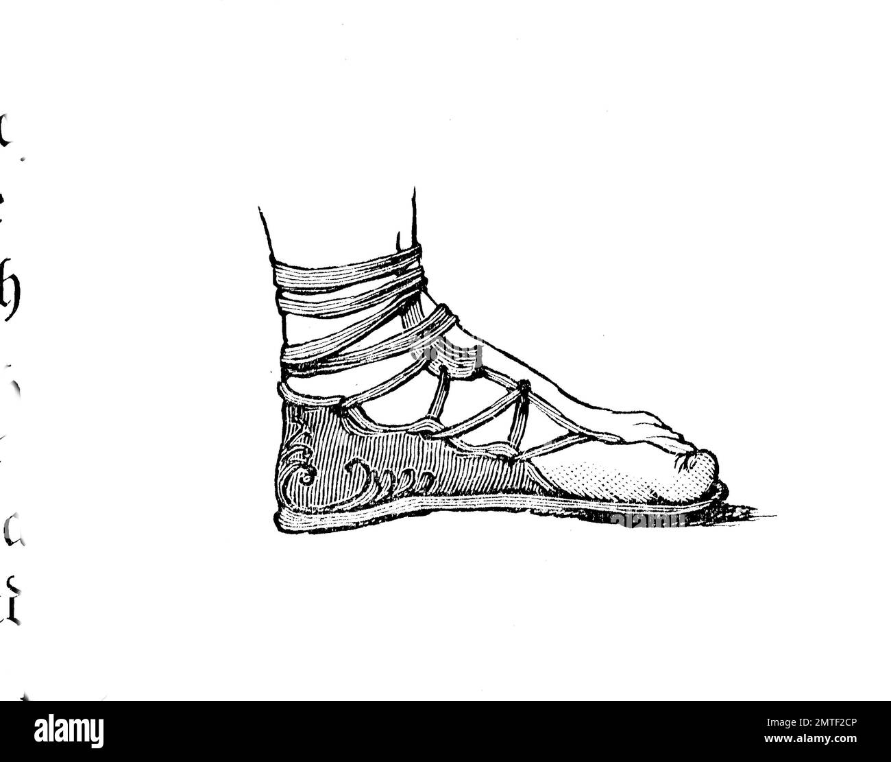 shoe fashion of the past, a shoe from the old roman empire, woodcut ...