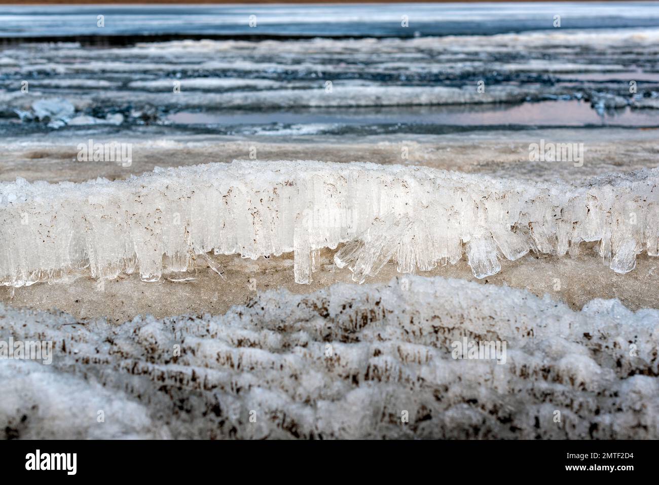 A strip of spring needle ice against the background of a thawed river ...