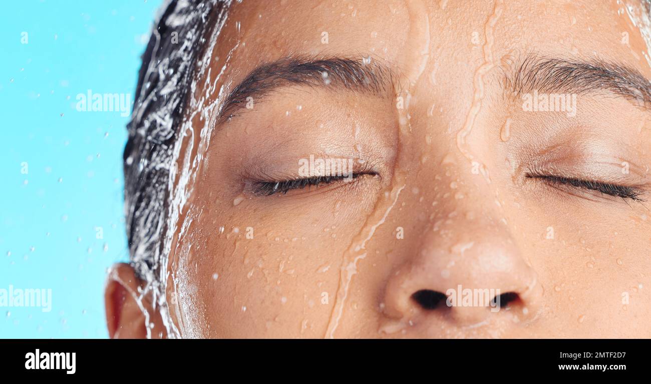 Shower water, face cleaning and black woman washing with liquid for ...