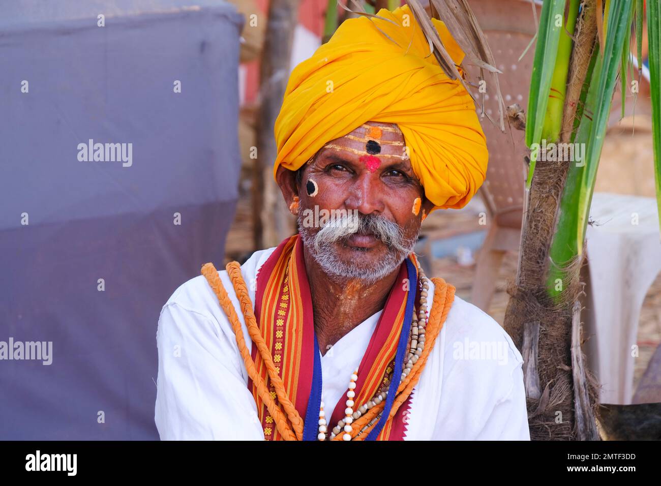 28 January 2023, Pune, India, Varkari man portrait with traditional ...