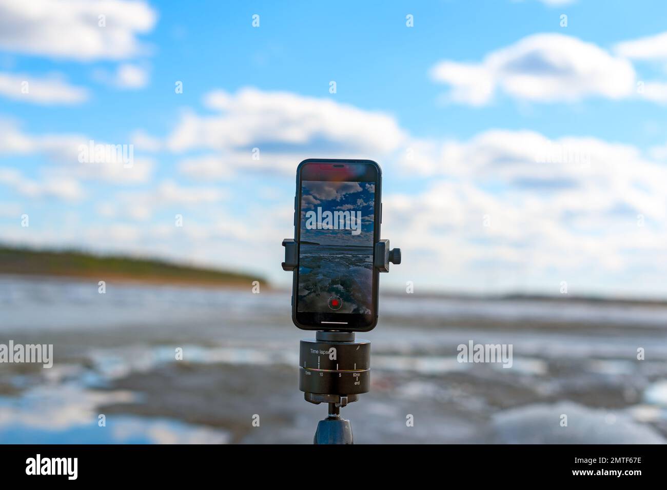 A mobile phone shoots nature video on a tripod with a swivel mechanism ...