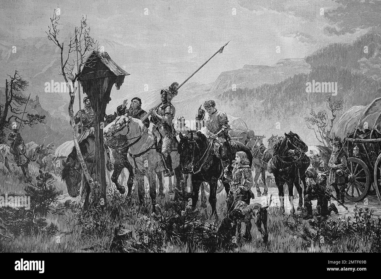 Encounter on an old trading street in the Alps in the Middle Ages Stock ...