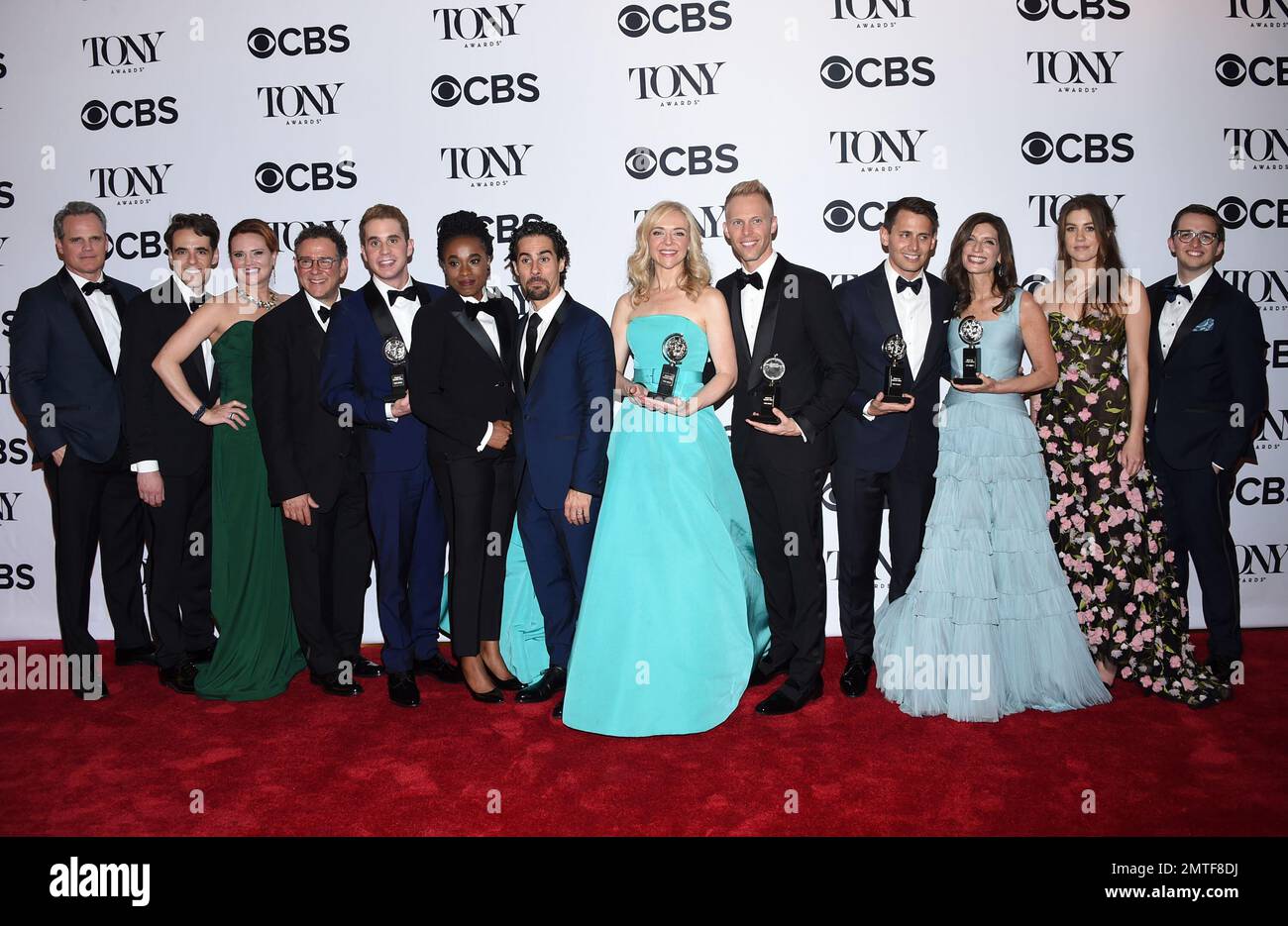 The cast and crew of "Dear Evan Hansen" pose in the press room with the ...