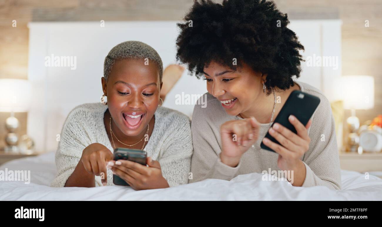 Friends, phone and girls night in bedroom on social media. Happy, smile ...