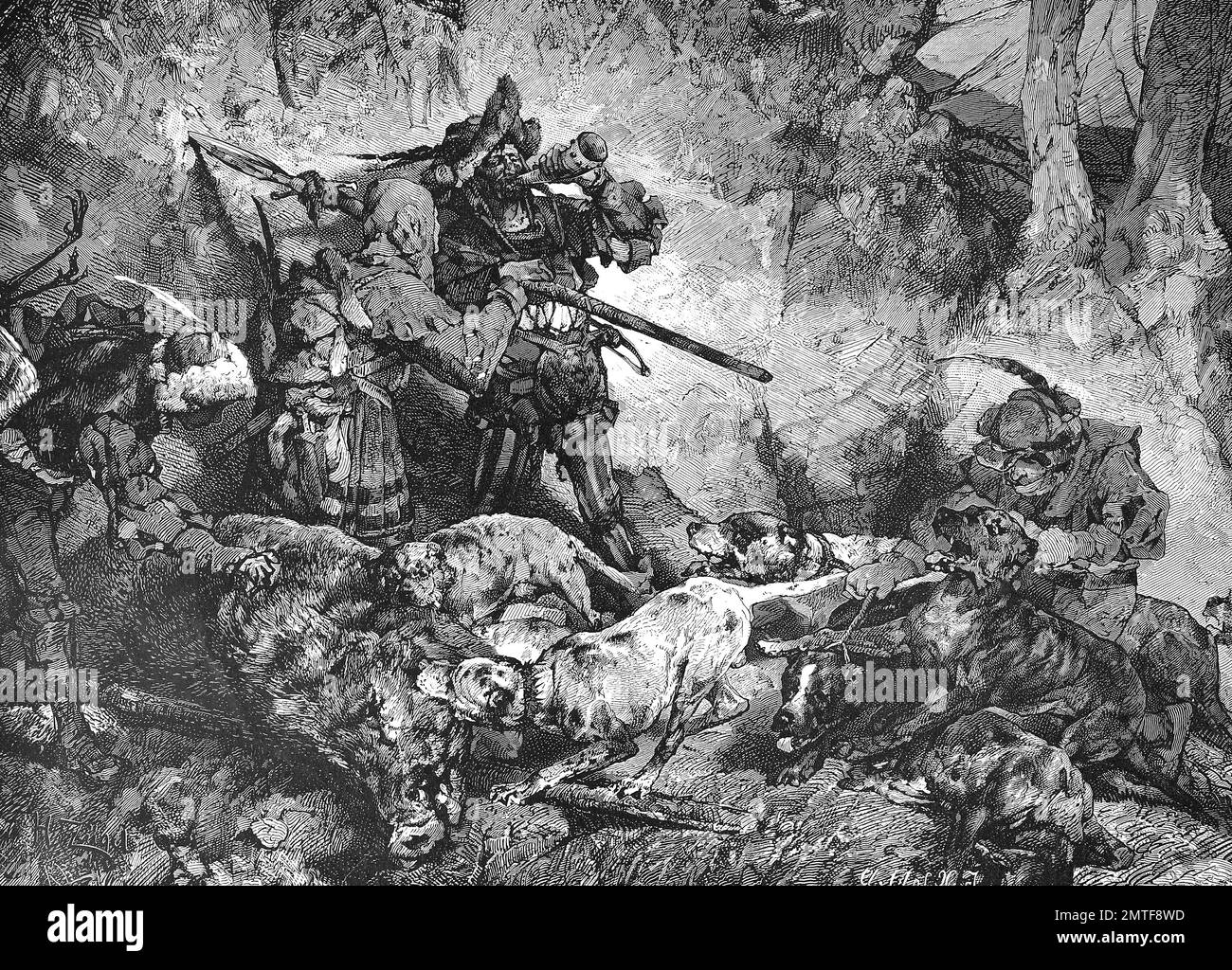 Wild boar hunting with dogs in the 17. century Stock Photo - Alamy