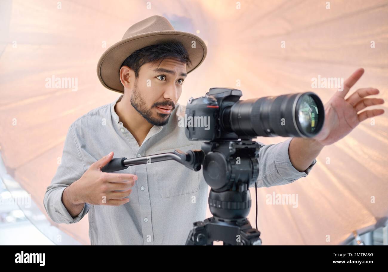 Photographer, camera and photoshoot with man and photography, focus and ...