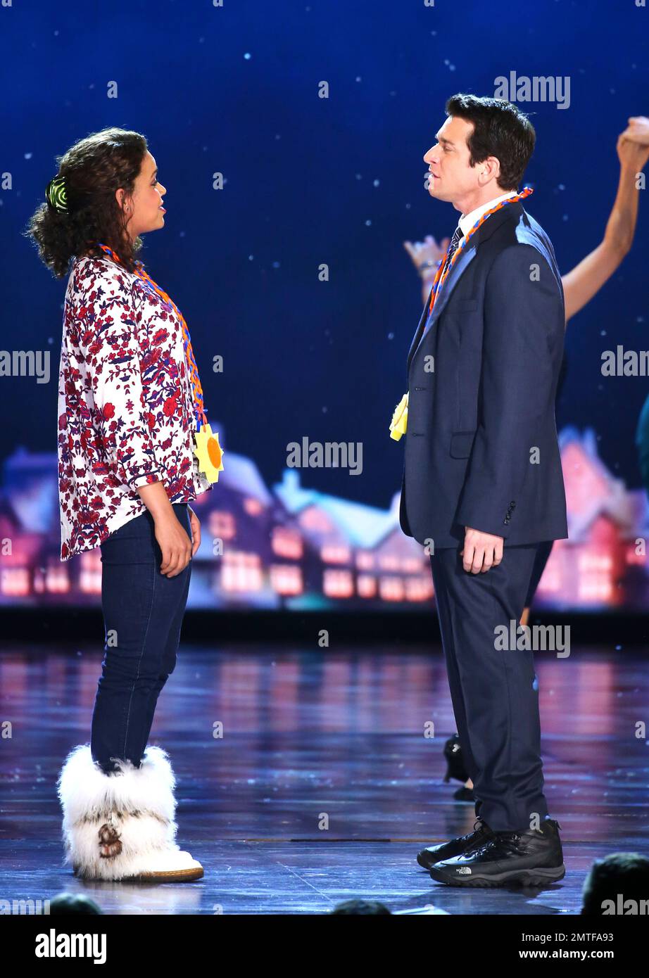 Barrett Doss, left, and Andy Karl perform with the cast of "Groundhog ...