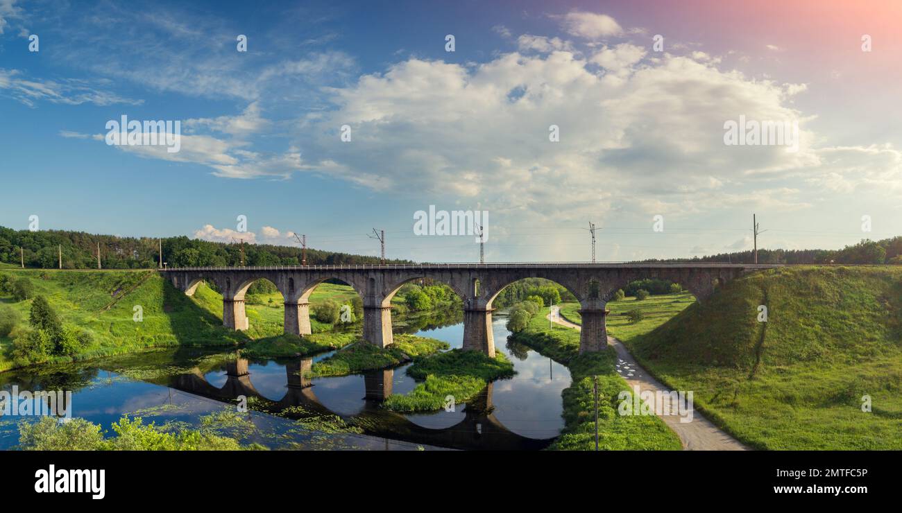 Panoramic view of the Old Arched Stone Railway Viaduct Bridge over the ...