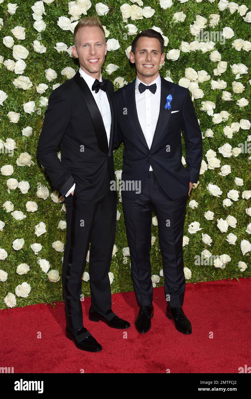 Justin Paul, left, and Benj Pasek arrive at the 71st annual Tony Awards ...