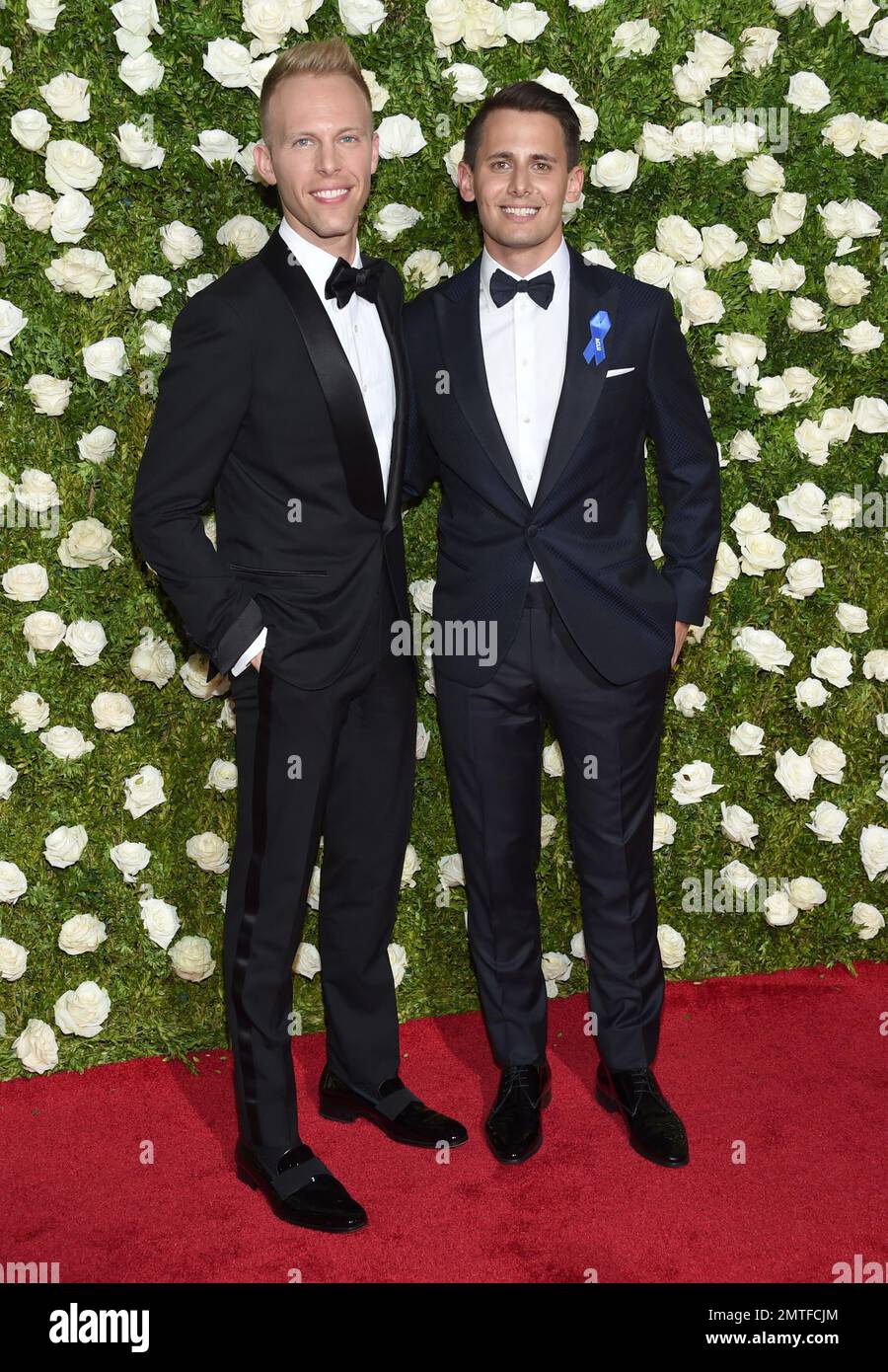 Justin Paul, left, and Benj Pasek arrive at the 71st annual Tony Awards at Radio City Music Hall ...