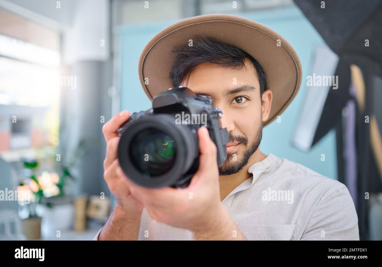 Camera, portrait and photographer man in studio for photo shoot ...