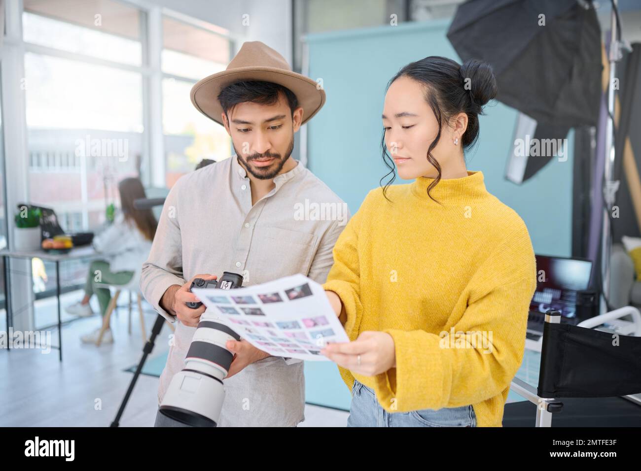 Photography, camera and team check photoshoot results, creative memory ...